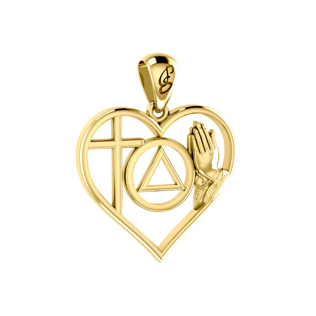 AA Recovery Symbol with Faith and Christogram in Heart Solid Gold Pend